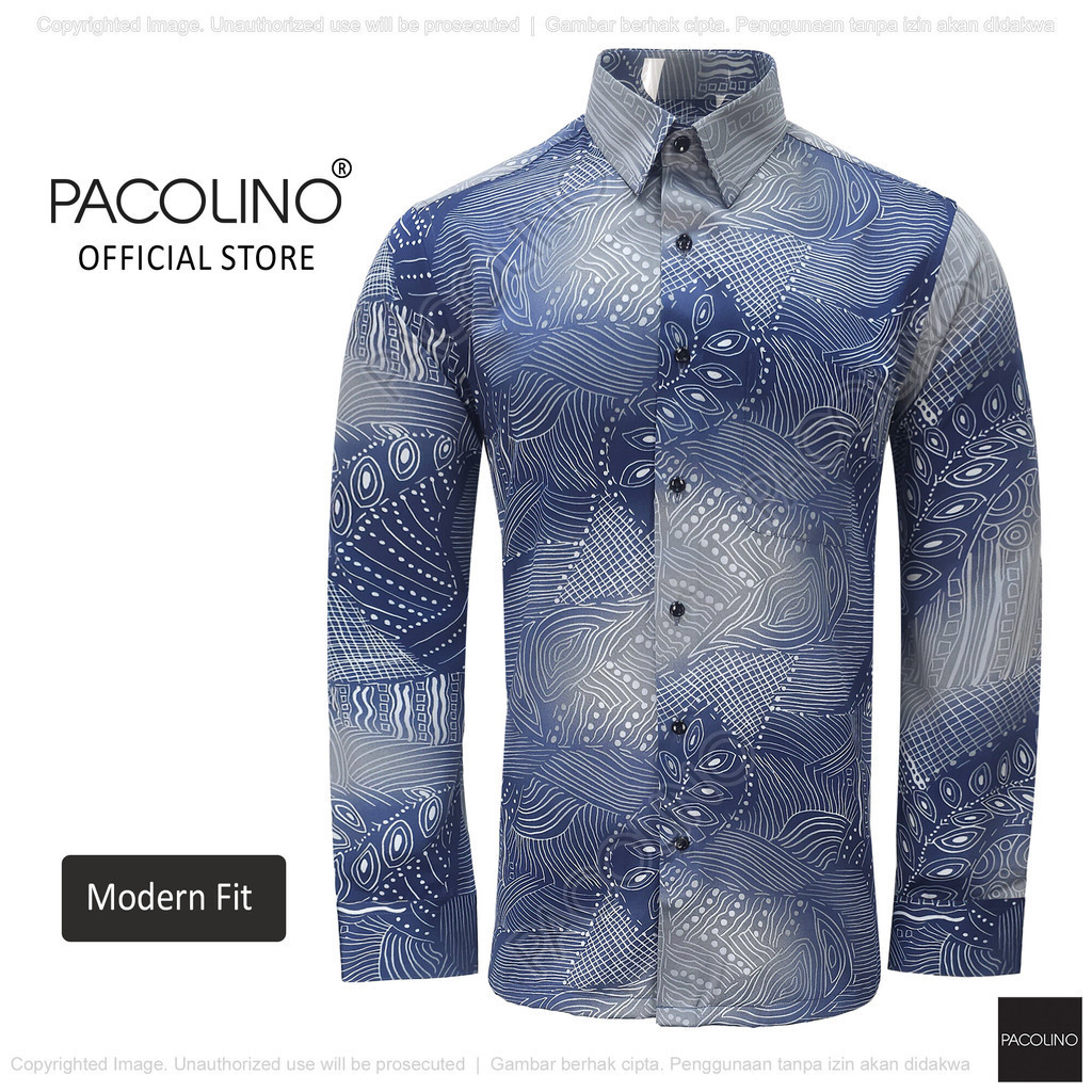 Pacolino - (Modern Fit Cutting) Grey Color Men Batik Long Sleeve Kemeja ...