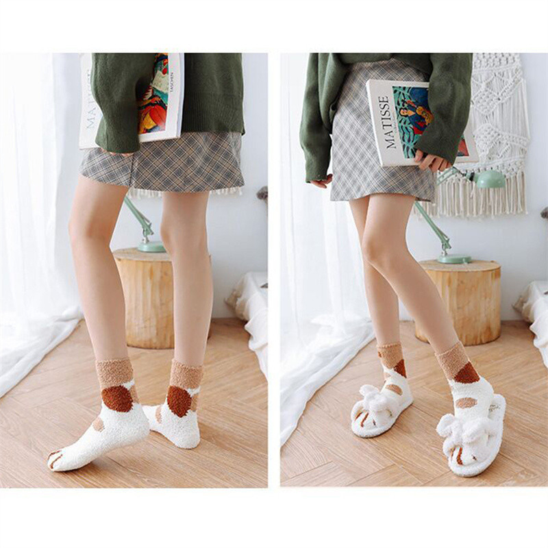 Women Winter Warm Cat Paw Kawaii Socks Cartoon Animal Soft Velvet Funny ...