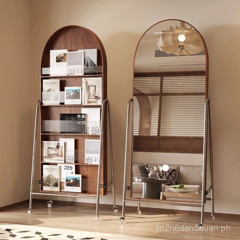 Living Room Storage Magazine Rack Full Body Floor Mirror Movable ...