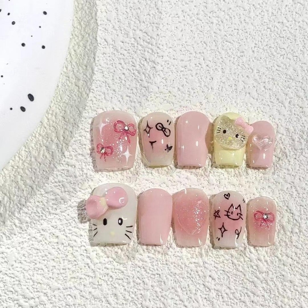 Dopamine HelloKitty Handmade Wearable Nails Kitty Cat Blush Cat Eye ...