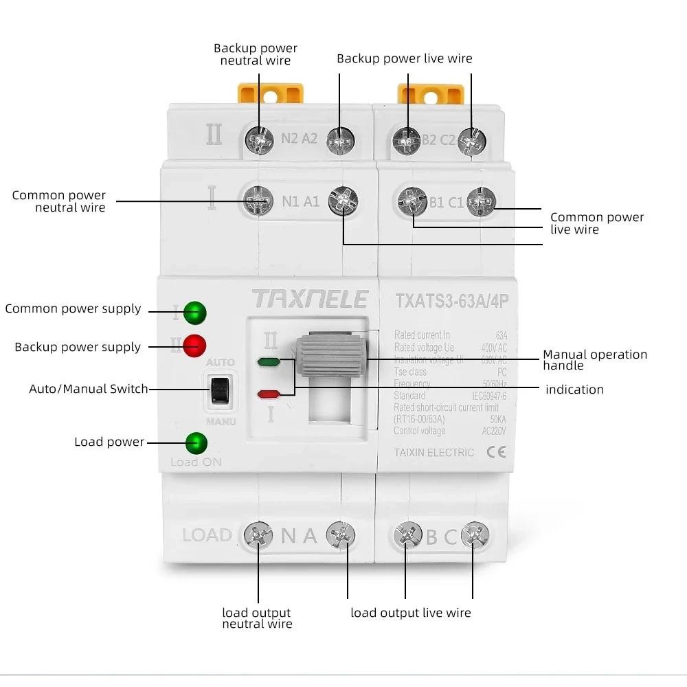 Taxnele Din Rail 2P 4P ATS Dual Power Automatic Transfer Switch Electrical Selector Switches ...