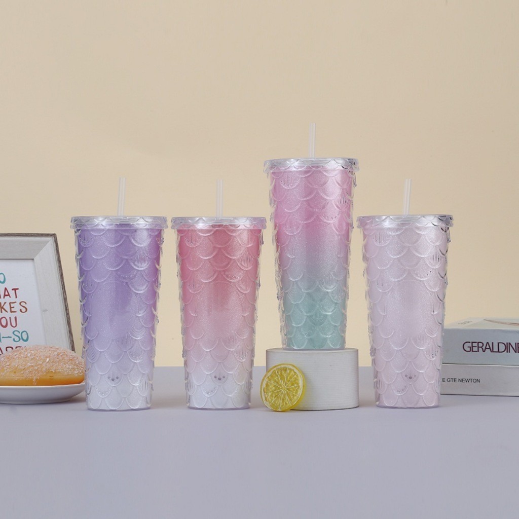 Mermaid Scales Cup Fish Scale Cup Tumbler Double Layer Plastic Straw ...