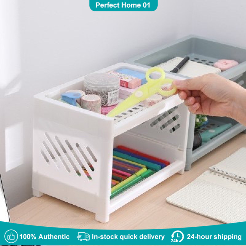 2 Layers Folding Desktop Storage Rack Bathroom Plastic Storage Rack ...
