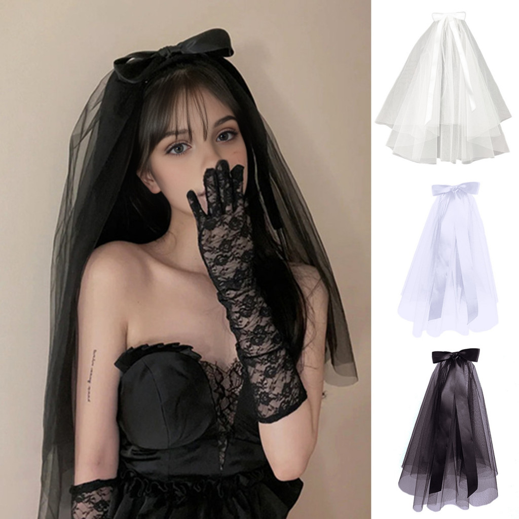 Mysterious Style Veil Double-layered Ribbon Bow Halloween Veil for ...