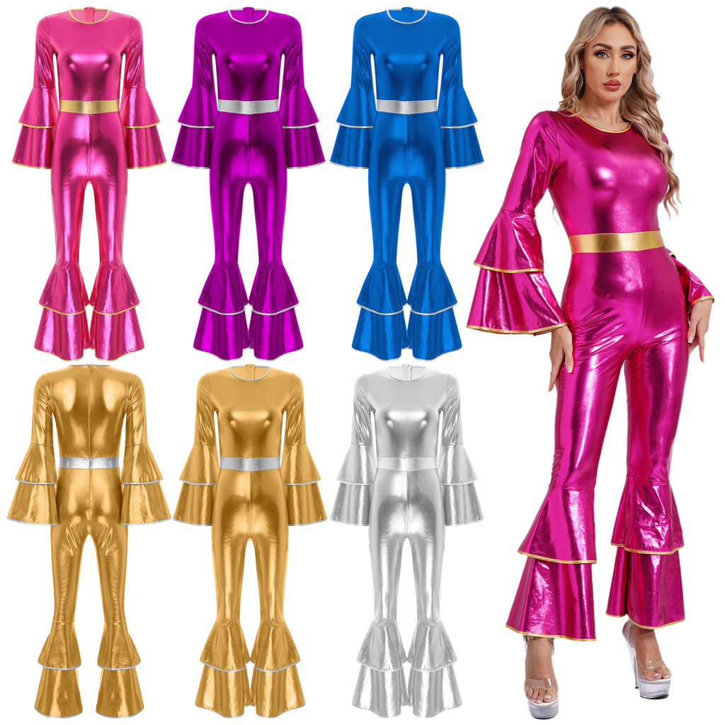 Womens Vintage 70S Disco Metallic Shiny Jumpsuit Tiered Flare Sleeve ...