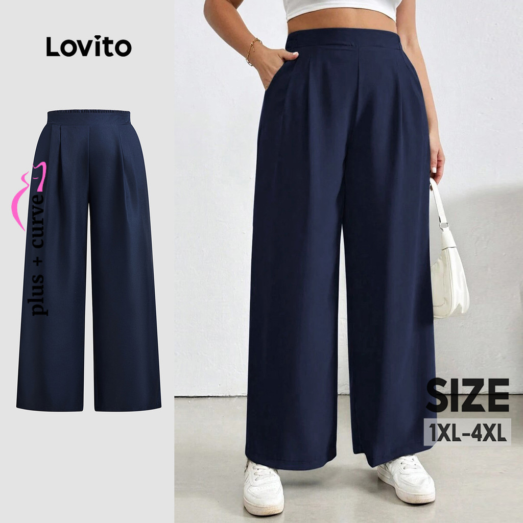 Lovito Plus Size Curve Casual Pant Pleated Summer/Spring Pant for Women ...