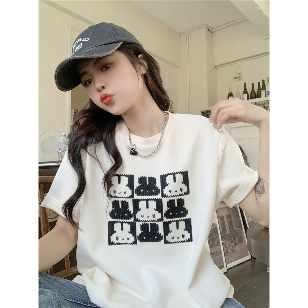Design sense rabbit print white short-sleeved T-shirt female summer ...