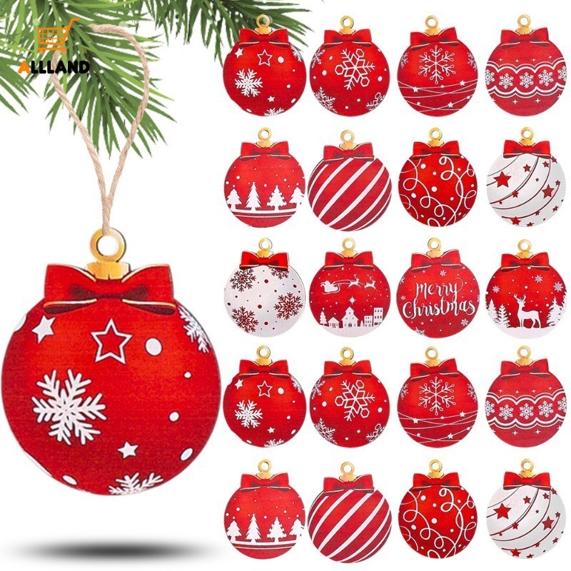 12Pcs Christmas Ball Pattern Wooden Pendants - Flat Bowknot Xmas Ball ...