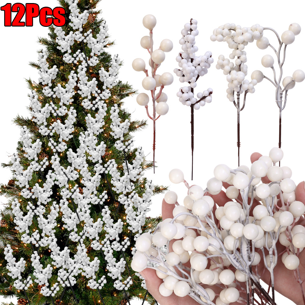 4/8/12Pcs Christmas Artificial White Berries - Foam Fake Branches ...