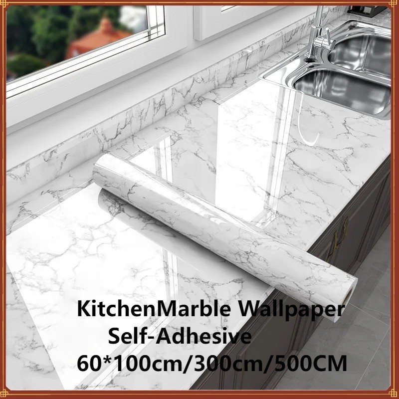 Marble Wallpaper Waterproof Oil-Proof Wall Stickers PVC Self Adhesive Kitchen Wallpaper 60cm ...