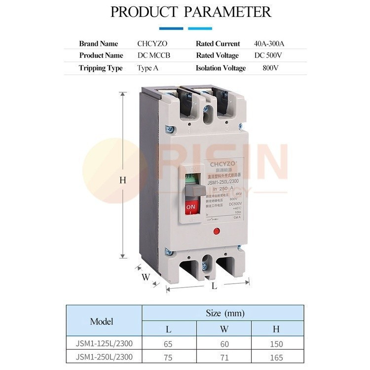 Risin DC MCCB 2P 500V 150A 160A 200A 225A 250A Solar PV C Curve Switch Moulded Case Circuit ...