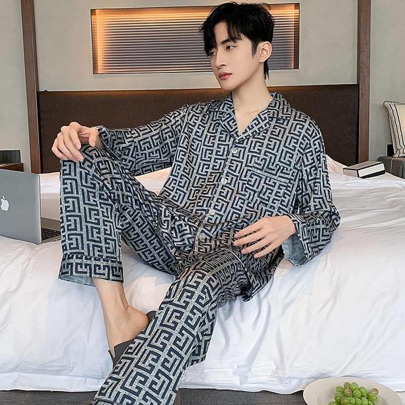 Discount High-End Pajamas Men's Spring Autumn Long-Sleeved Silk Ice ...