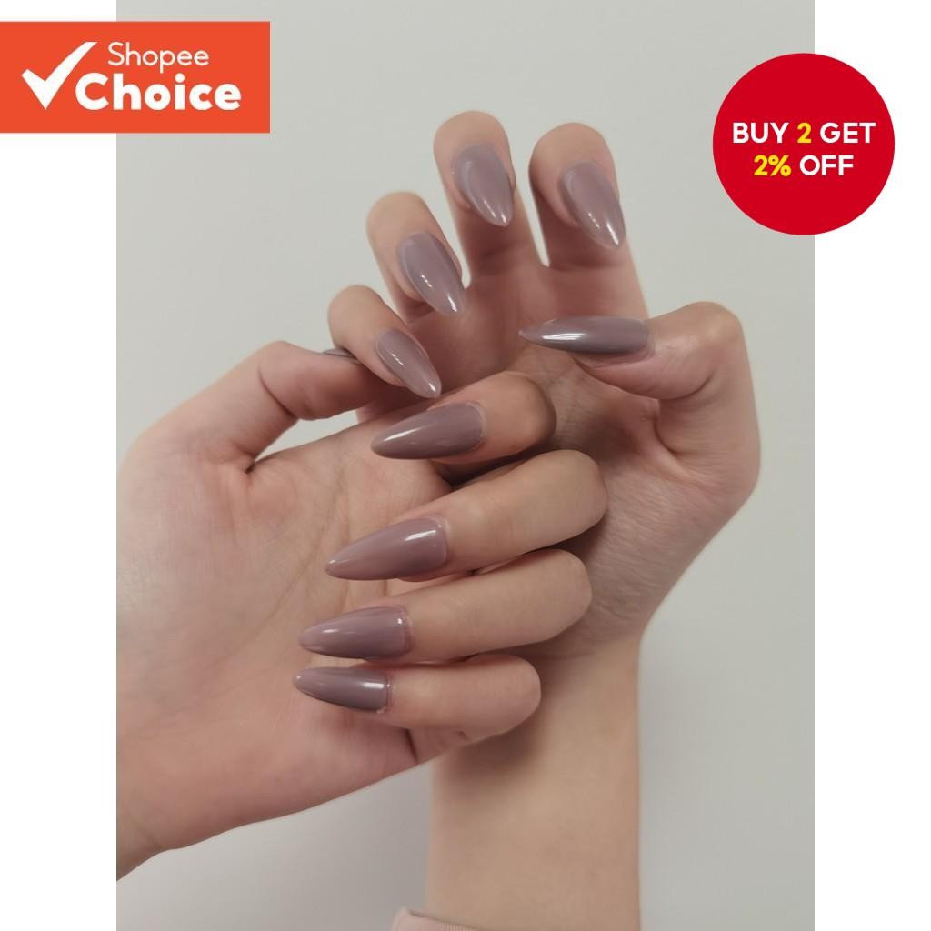 Almond Gray Glossy Wearable Nails Simple Three Sizes Available | Shopee ...