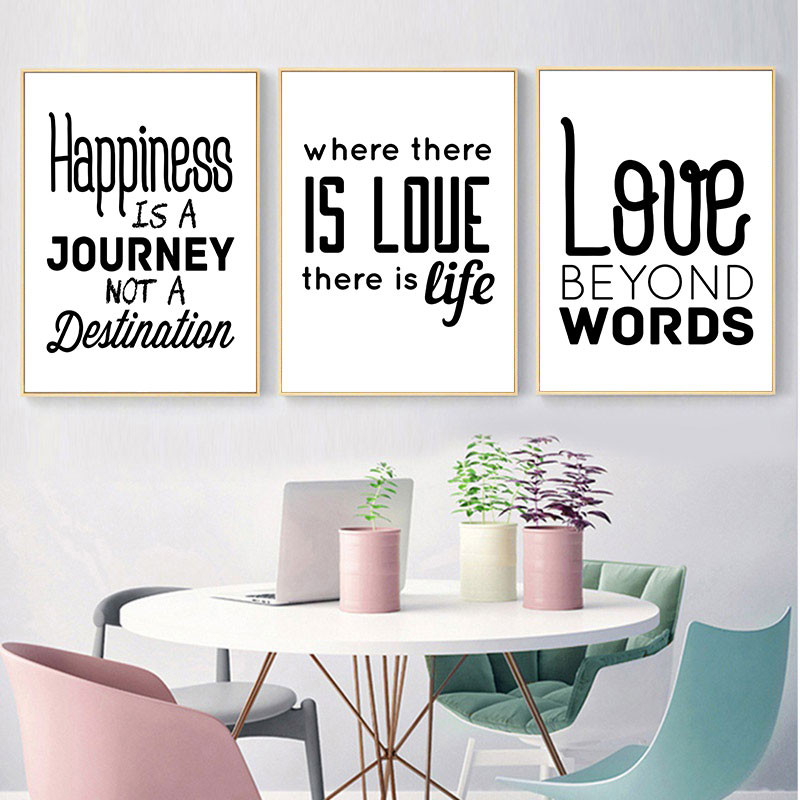 Simple Black White Inspirational Canvas Art Poster Prints Happy Life ...