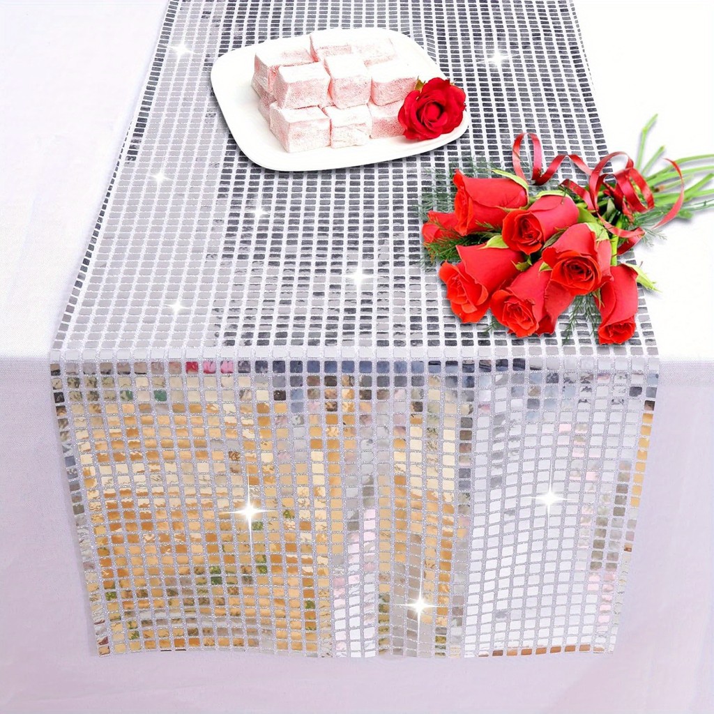 1pcs Glitter Disco Table Runner, Mirror Silver Disco Party Tablecloth, Sequin Disco Table Runner ...
