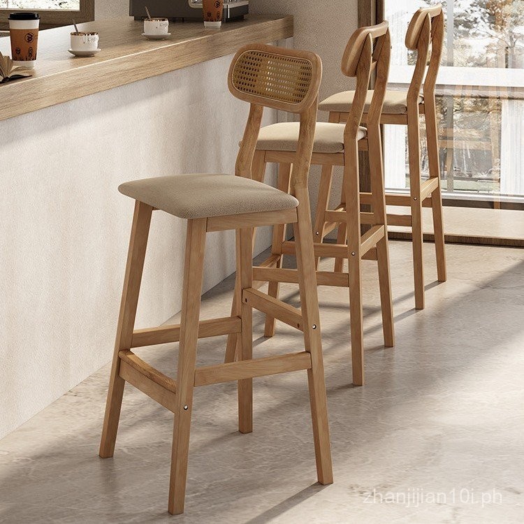 Solid Wood Bar Stool Nordic Rattan High Stool Bar Stool Household ...