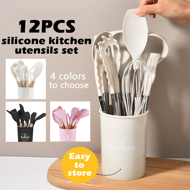12pcs/set Silicone Kitchen Utensils Set Cooking Non-stick Wooden Handle ...