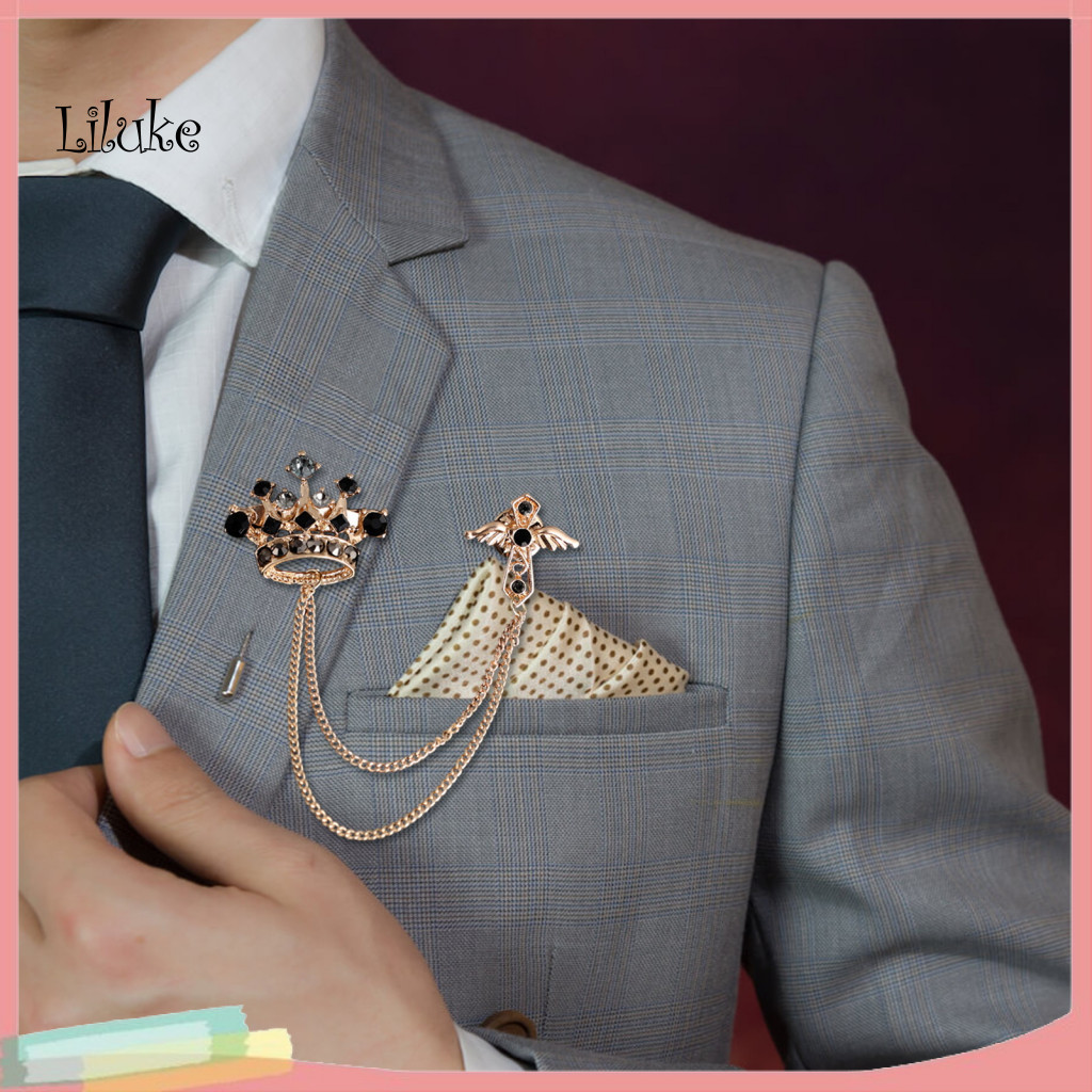 LK Alloy Brooch Men Business Crown Pin Men's Rhinestone Crown Tassel ...