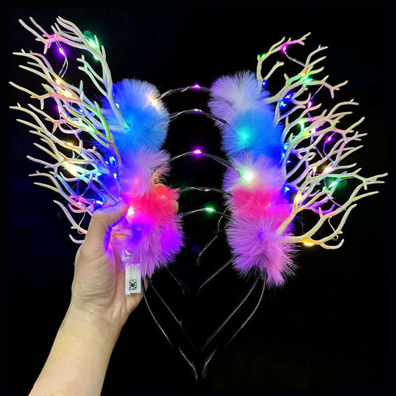 LED Deer Ear Antler Headband Luminous Flower Headdress Elk Ears ...