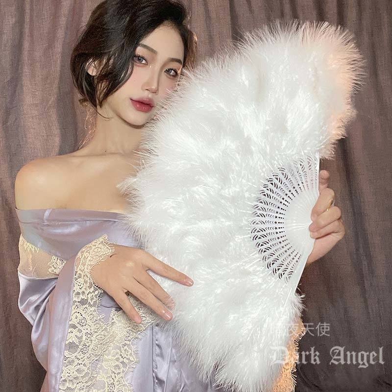 Photo Props Dance Cheongsam Goose Feather Black White Folding Fan Plush ...