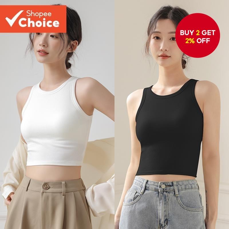 Women's Threaded Chest Padded Crop Vest Summer Sleeveless Base Solid ...