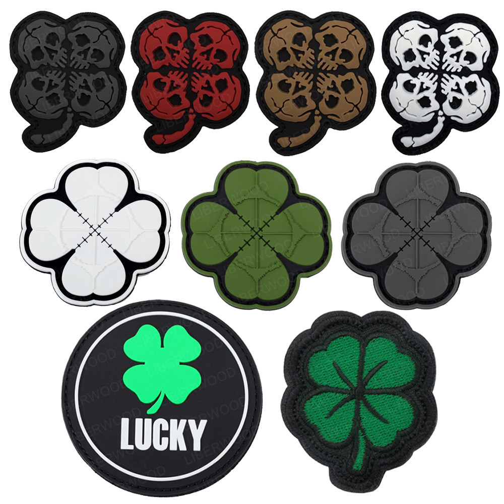 Lucky Clover & Skull Patch - PVC Soft Tactical Hook Back Patch - White ...
