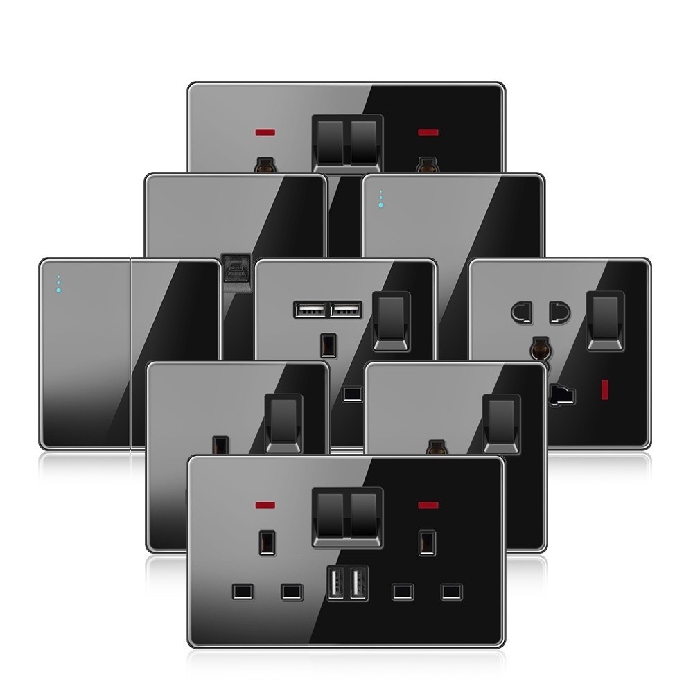 VISWE wall socket wall switch usb socket universal socket socket with switch 3 pin socket black ...