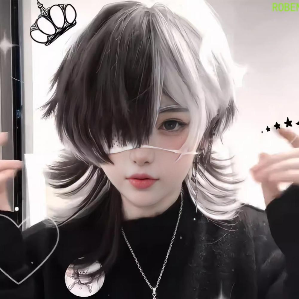 ROBEN Black Highlight White Wig, Synthetic Short Mullet Head Wigs with ...