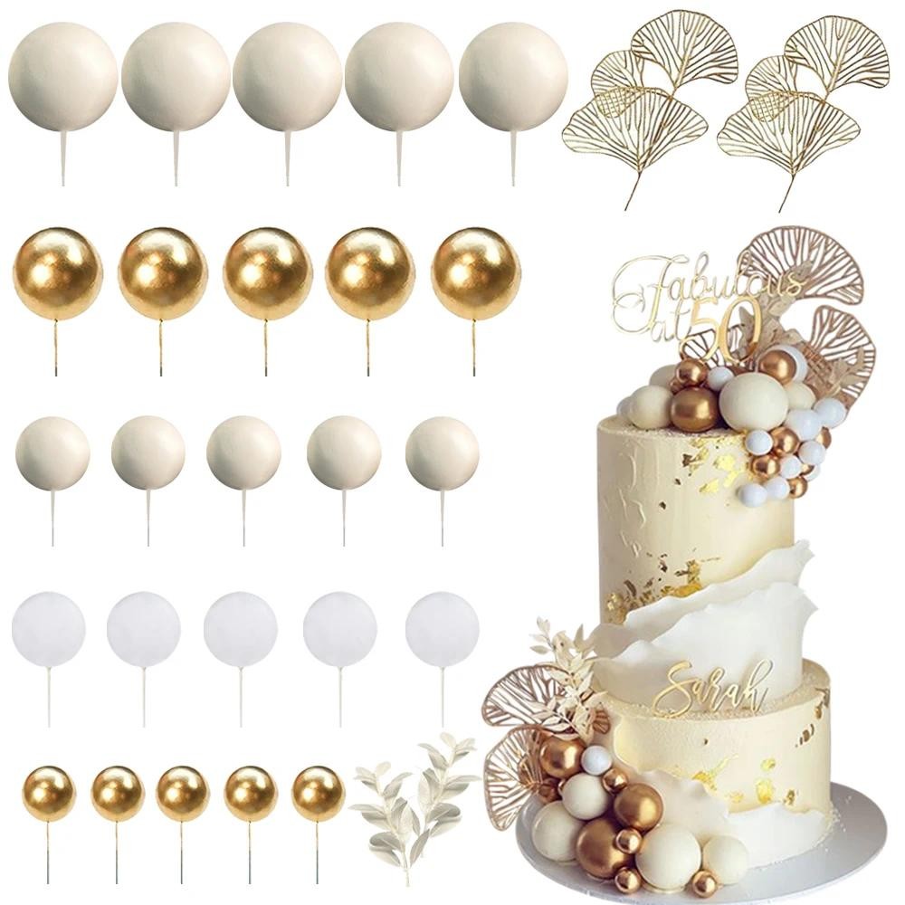 30Pcs Cream Gold Cake Topper Balls Gold Ginkgo Leaves DIY Boho Birthday ...