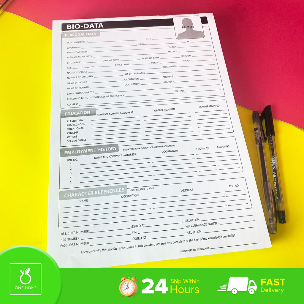 One Home Personal Bio-Data Form Sheet Documents Paper Office Supplies ...