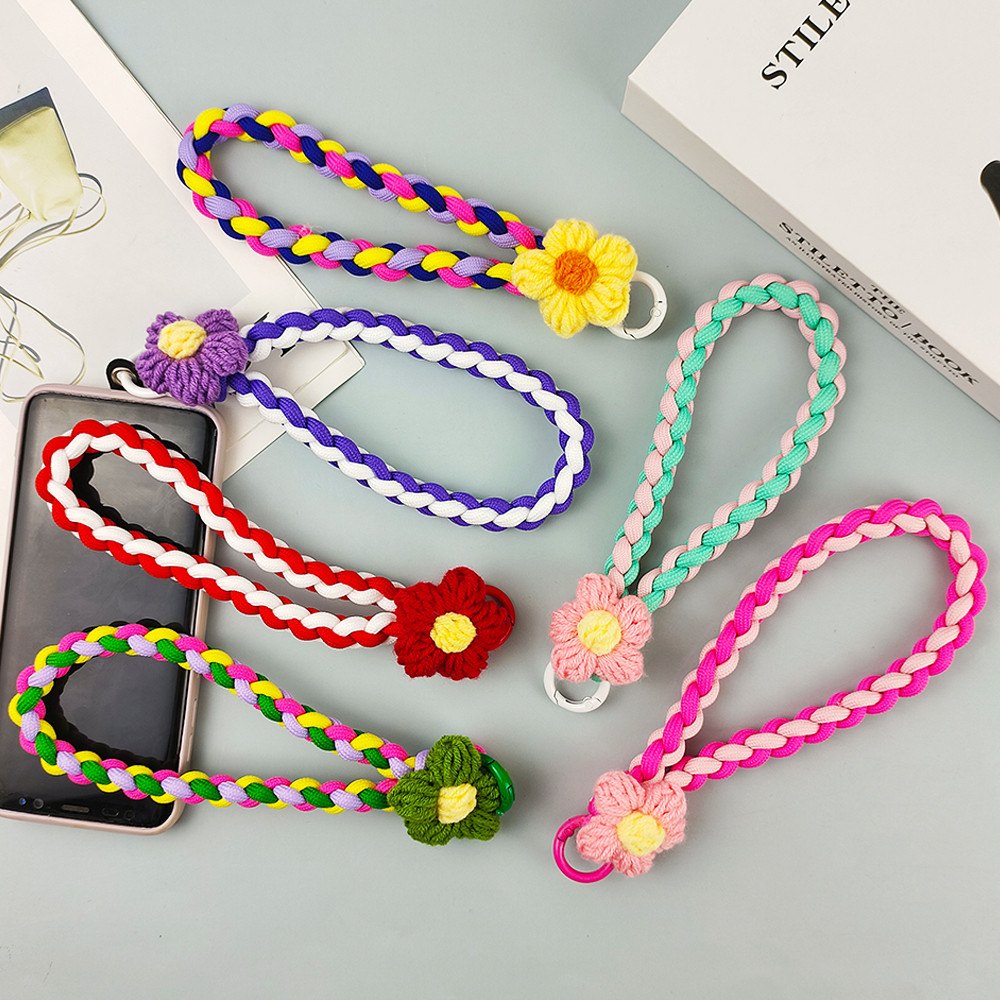 Creative Woven Lanyard Keychains Cute Knitted Flower Keyrings Wrist ...