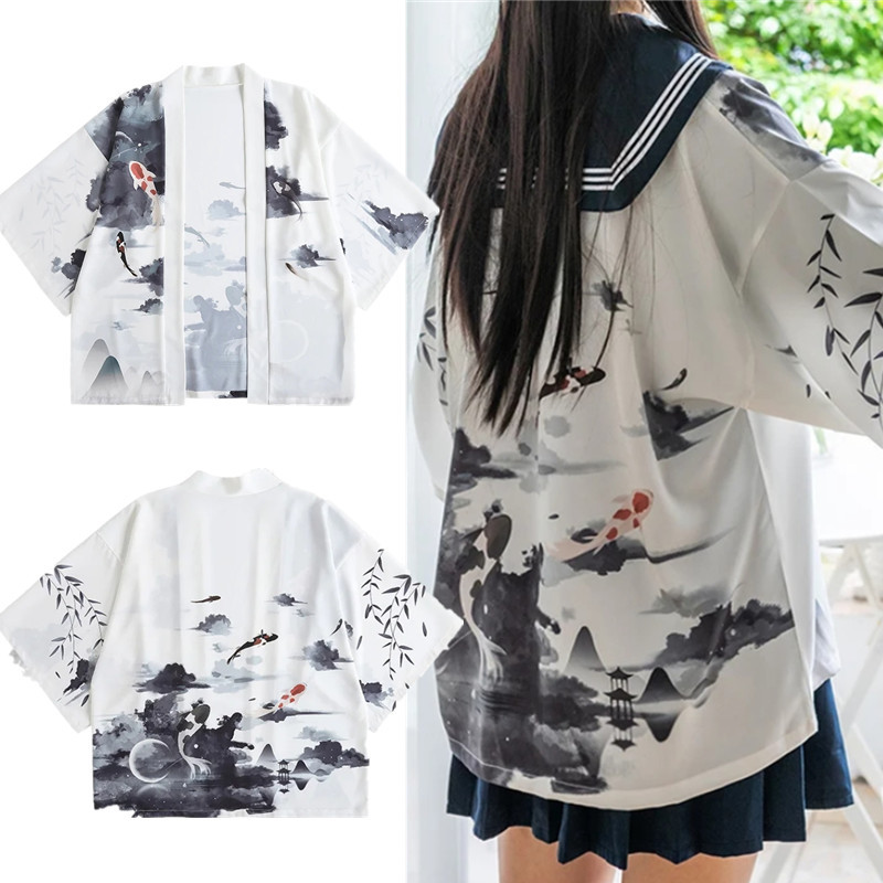 Chinese Ink Painting Print Fashion Japanese Chinese Haori Women ...