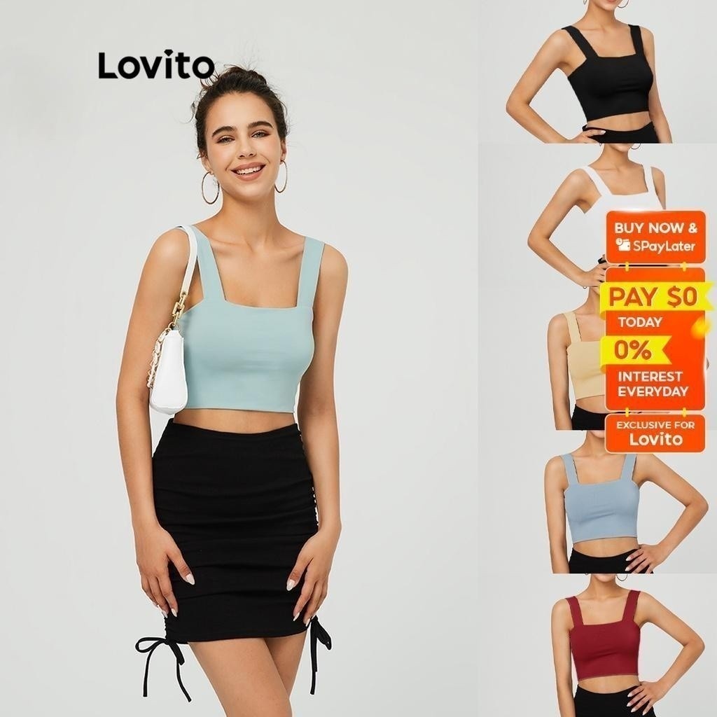 Lovito Trendy Solid Navel Shoulder Strap Square Tank Crop Tops Sando ...