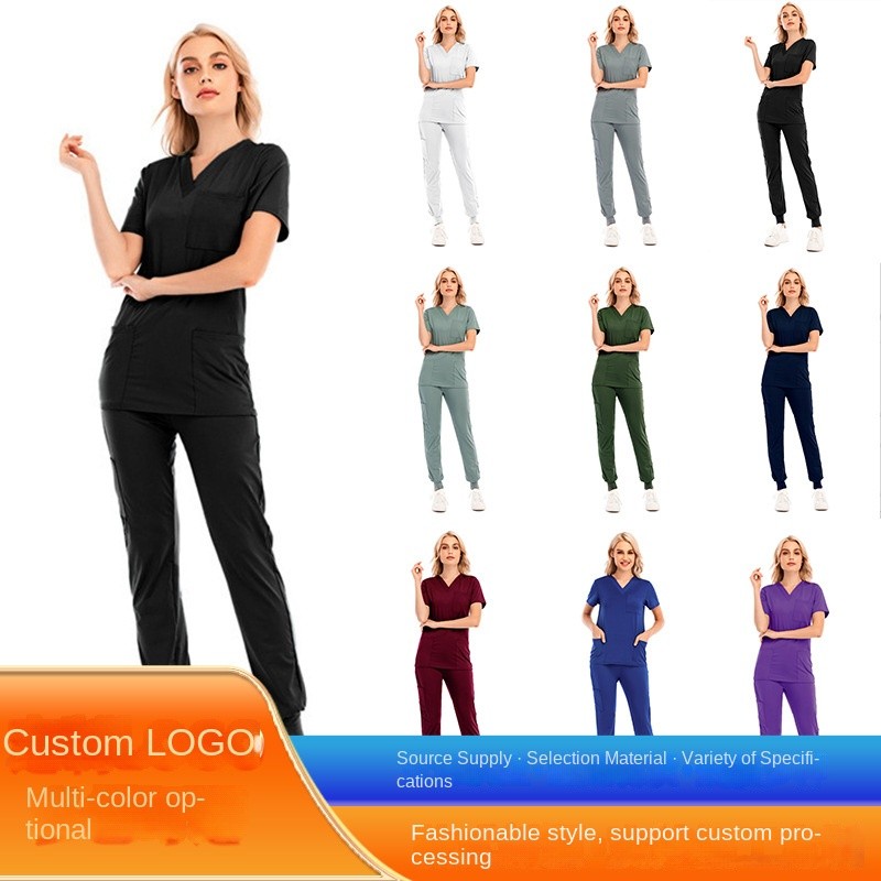 New sports and leisure solid color V-neck short-sleeved pocket nurse ...
