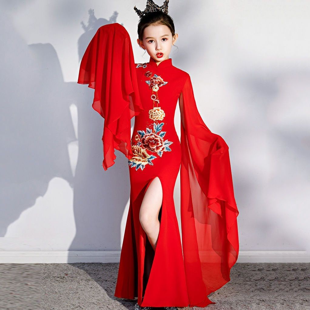 FBri-DEXF Children Evening Dress Female Catwalk Chinese Style Girl Red ...