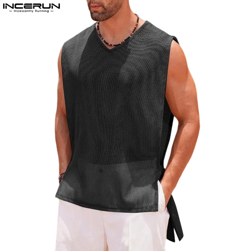 INCERUN Men's Minimally Texture Strap Design with Split Sleeveless Tank ...