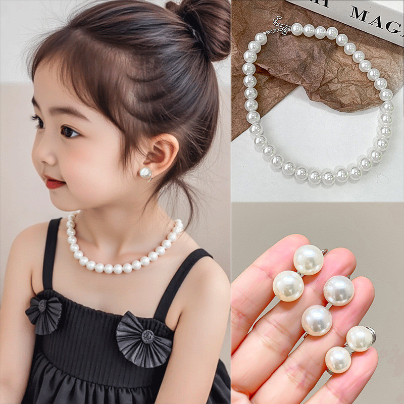 Children's Pearl Necklace and Ear Clip Set Girls' Jewelry Accessories ...