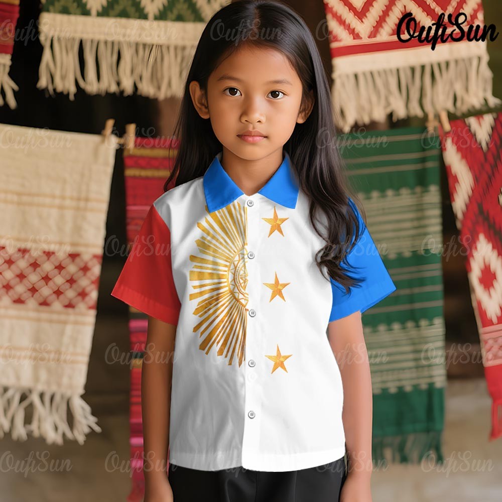 Filipino Kids Barong Style Shirt Short Sleeve Philippine Flag Inspired ...