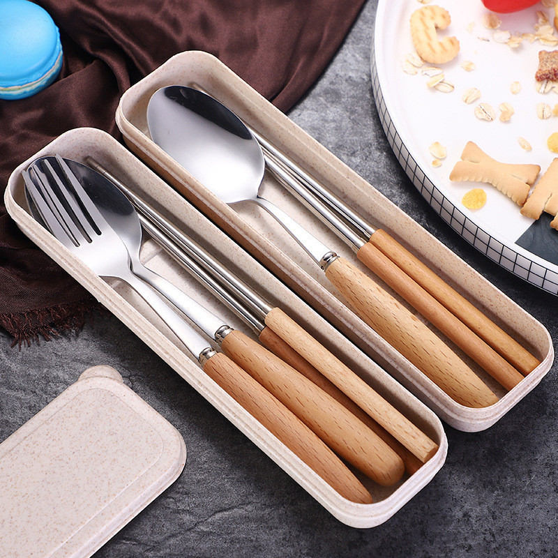 1Set Wood Stainless Steel Cutlery Set Wooden Handle Flatware Knife Fork ...