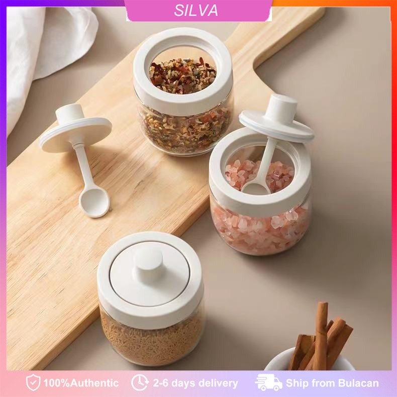 4PCS Seasoning Bottle Seasoning Pot with Lid and Spoon Glass Spice ...