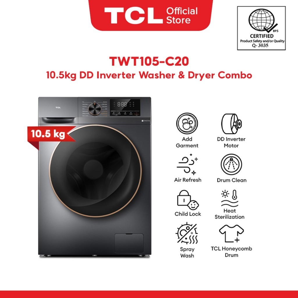TCL 10.5KG Inverter Front Load Washing Machine (Fast Washing and Drying ...