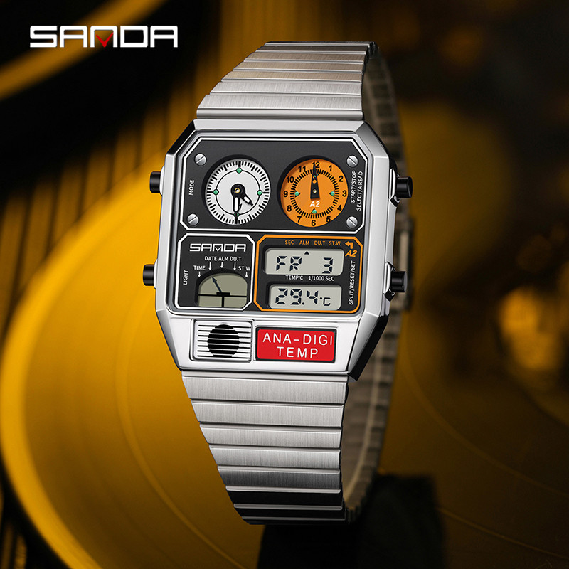 Sanda Retro Trendy Punk Dual Display Luminous Waterproof Electronic ...