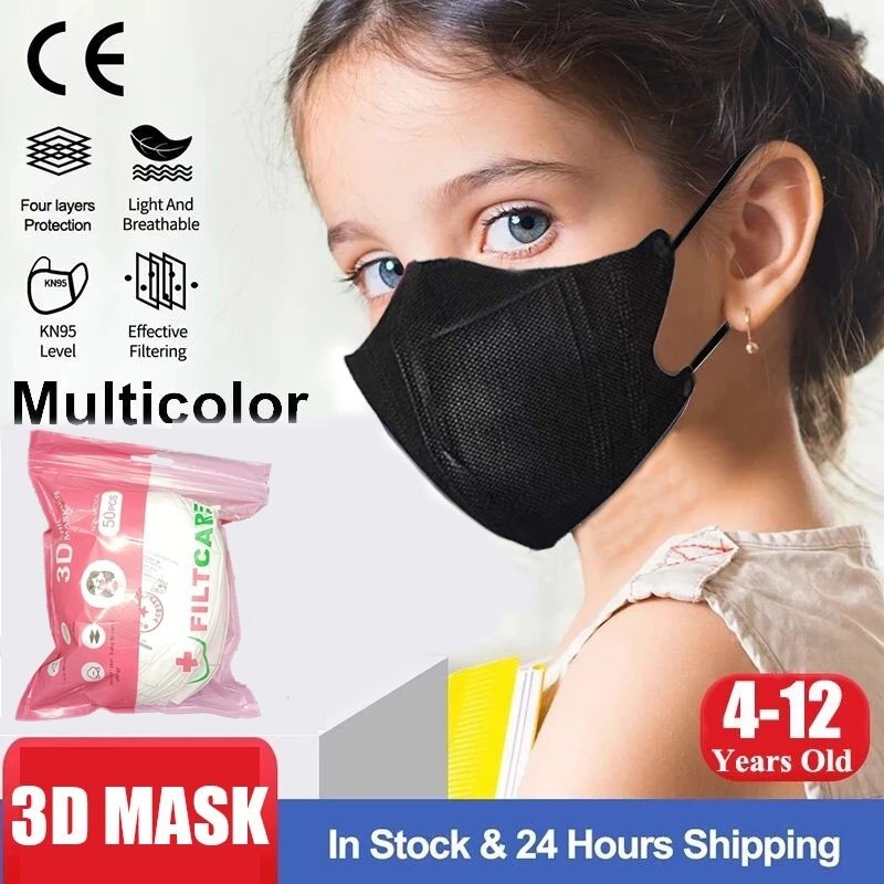 50 Pcs 3ply Children's Facial Mask 4-12 Years Old Black and White Baby ...