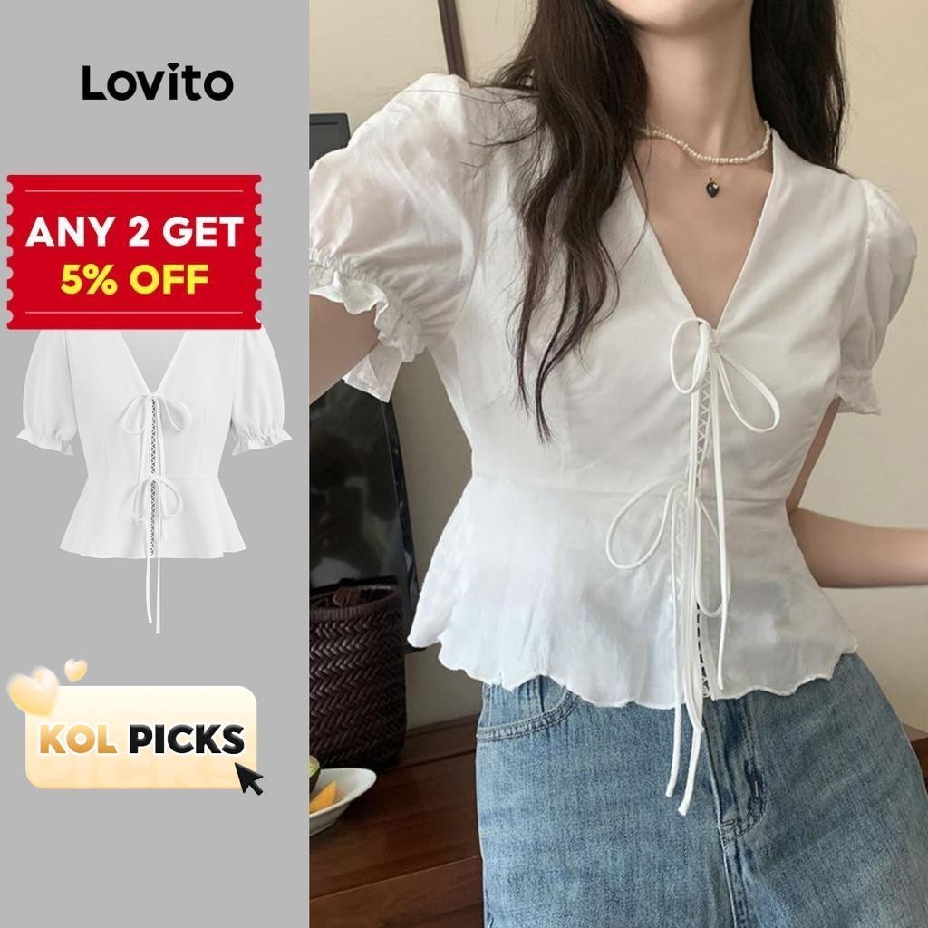 (KOL‘s pick) Lovito Women Casual Plain Lace Up Blouse L123ED063 ...