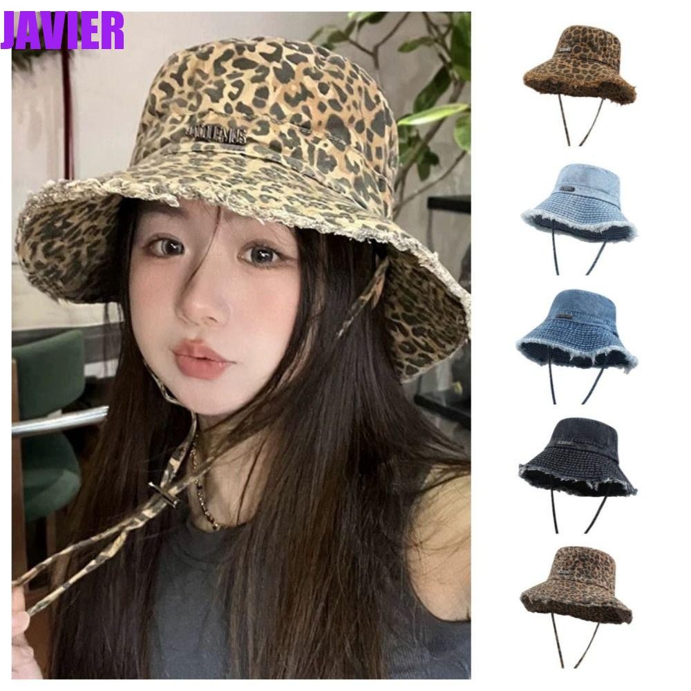 JAVIER Leopard Print Bucket Hat, Denim Korean Fisherman Hat, Retro ...