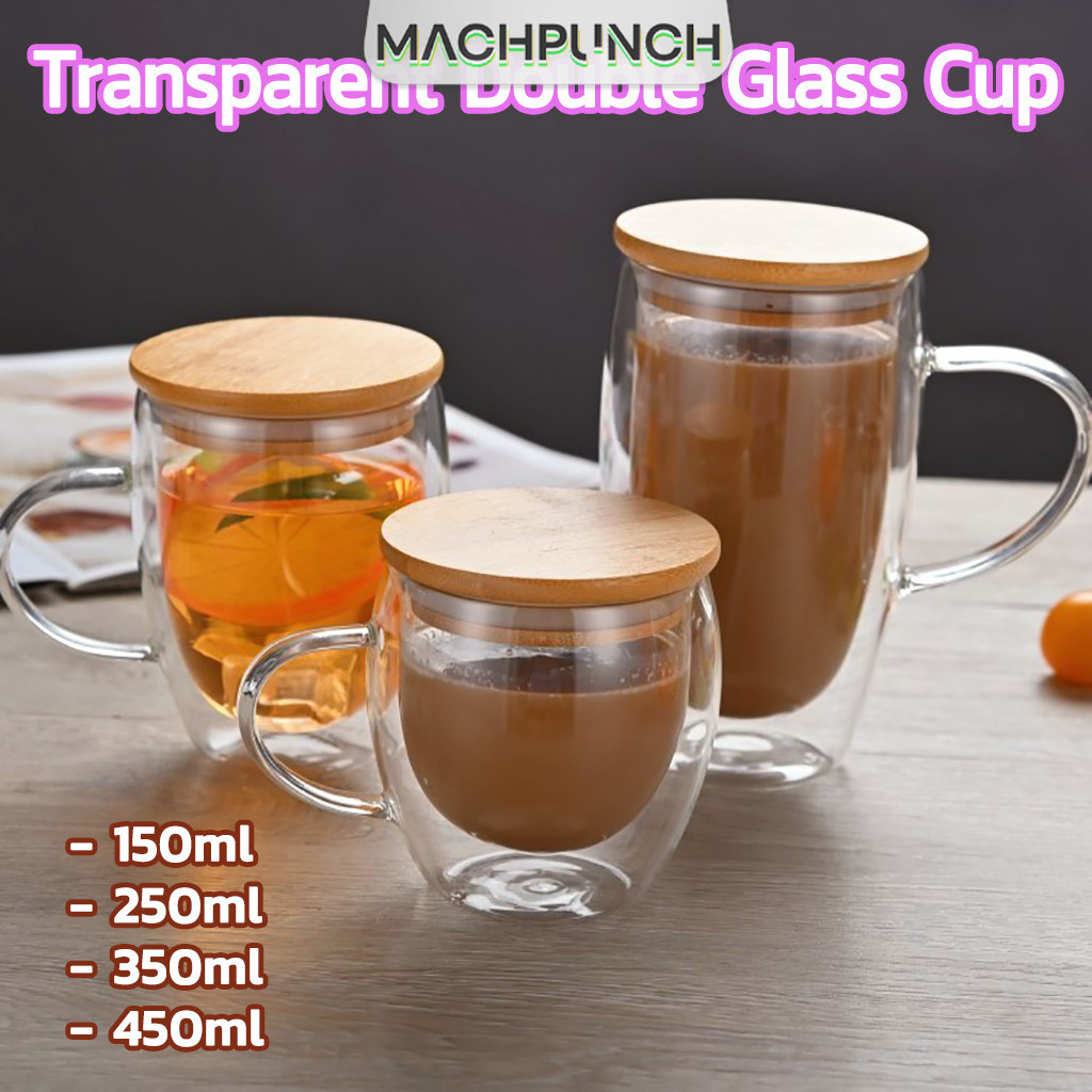 MP 150ml-450ml Transparent Double Wall Glass Cup With Lid Coffee Mug ...