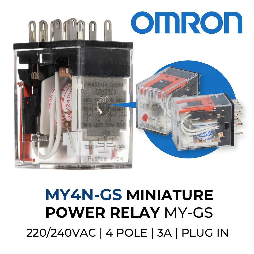 Omron MY4N-GS Miniature Plug in Power Relay 3A 220/240VAC 4 Pole with LED Indicator 4PDT ...