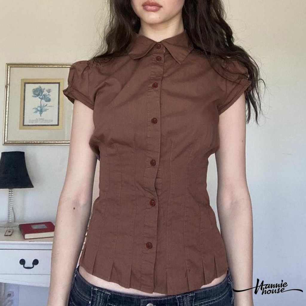 HANNIE House- Women Summer Solid Color Pleated Buttons Short Sleeve ...