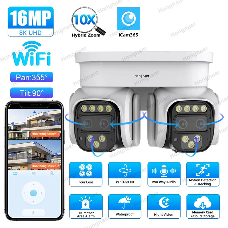 Hongnaer ICam365 Four Lens 10X Zoom 16MP 8K Outdoor Wireless Night Vision IP PTZ Video WiFi CCTV ...