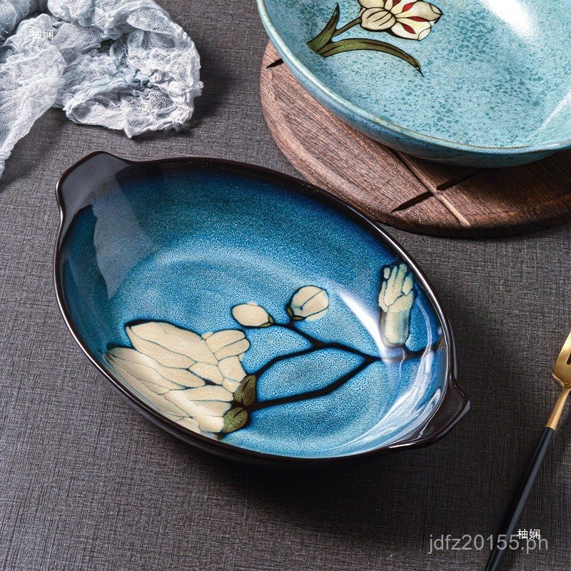 Double Ear Dish Tray Baking Tray Oval Nordic Ceramic Plate Large Size ...